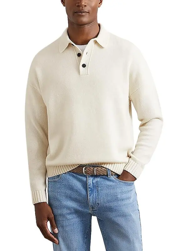 REISS Half Button Relaxed Fit Sweater - Off White