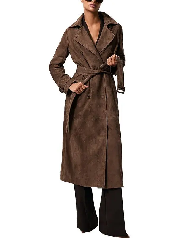 REISS Suede Trench Coat - Taupe Neutral
