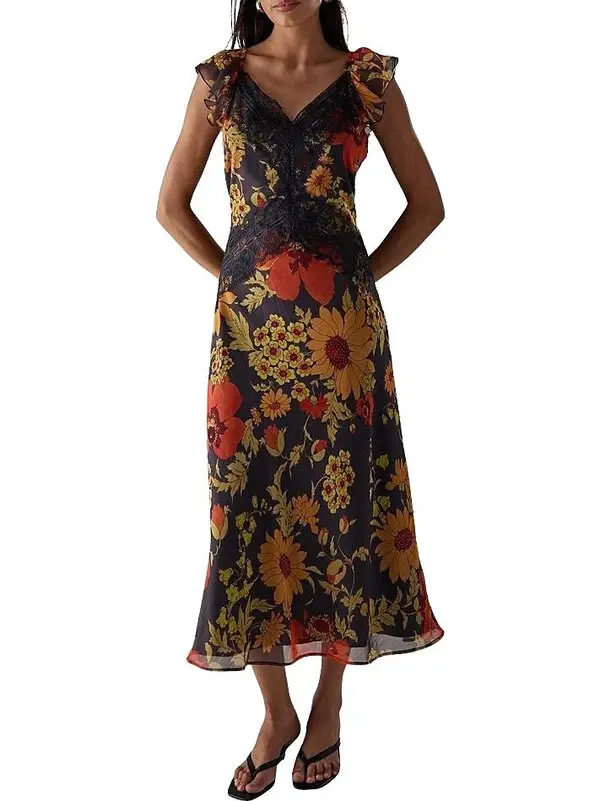 WAREHOUSE Lace Insert Frill Sleeve Midi Dress - Floral