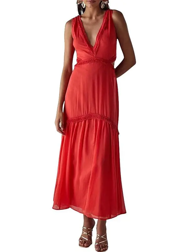 WAREHOUSE Chiffon Fringe Trim Cut Out Maxi Dress - Red