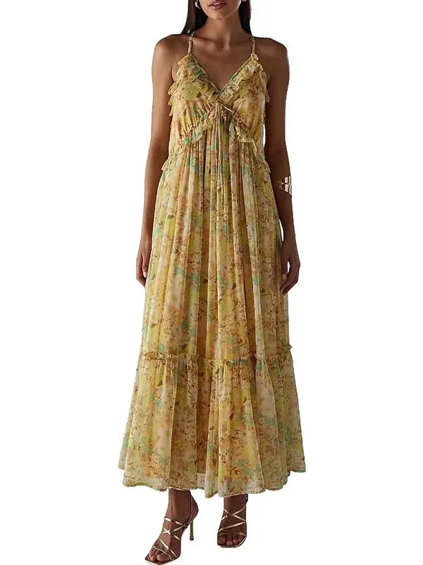 WAREHOUSE Chiffon Ruffle Strappy Maxi Dress - Floral