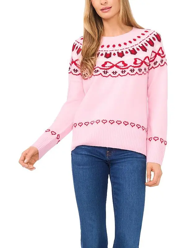 CECE DUPRAZ Bow Fair Isle Raglan Sleeve Sweater - Pink Lady