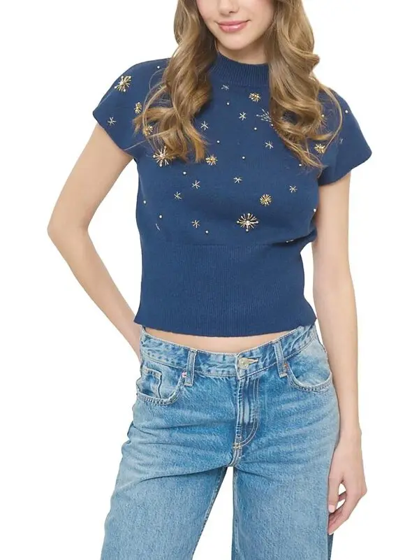 Central Park West Crystal Embellished Sleeveless Dolman Sweater - Navy