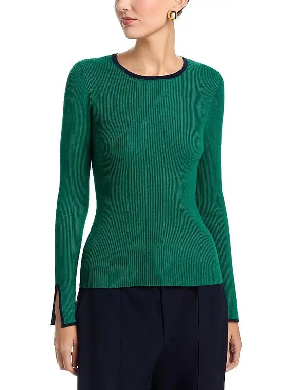 T Tahari Long Bell Sleeved Ribbed Crewneck Pullover Sweater - Green Leaf