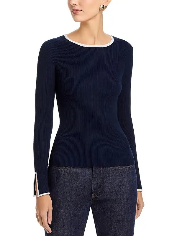 T Tahari Long Bell Sleeved Ribbed Crewneck Pullover Sweater - Navy/ White