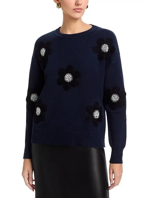 T Tahari Long-sleeved Floral Crewneck Pullover Sweater - Navy/ Black
