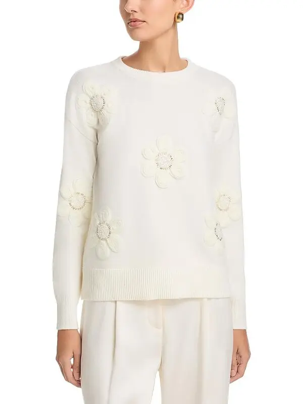T Tahari Long-sleeved Floral Crewneck Pullover Sweater - White Star