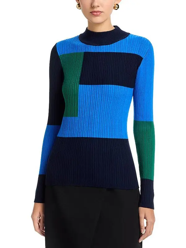 T Tahari Long-sleeved Color Blocked Mock Neck Pullover Sweater - Navy