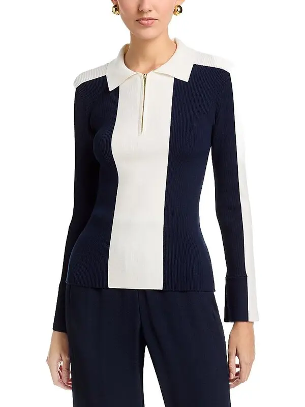 T Tahari Long Bell Sleeved Color Blocked Collared Half Zip Sweater - Navy/ White