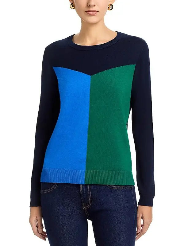 T Tahari Long-sleeved Color Blocked Jersey Crewneck Pullover Sweater - Navy/ Green