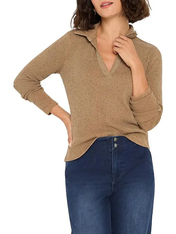 NIC+ZOE Ribbed Long Sleeve Polo Top - Walnut