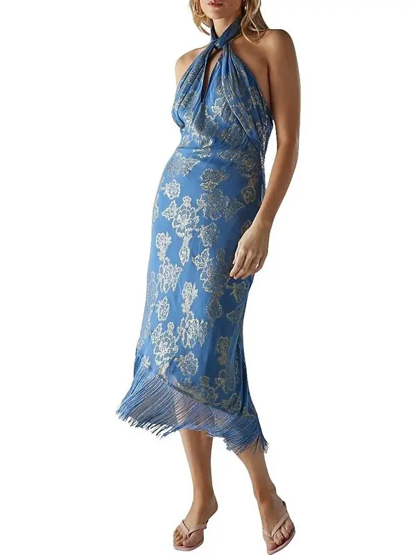 WAREHOUSE Metallic Chiffon Wrap Front Midi Dress - Blue