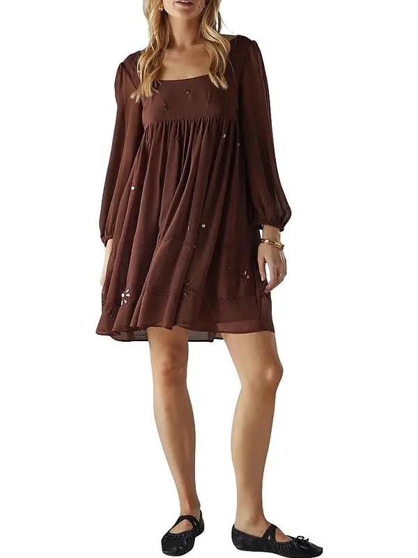 WAREHOUSE Hand Embellished Square Neck Mini Dress - Chocolate