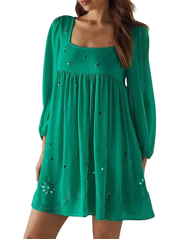 WAREHOUSE Hand Embellished Square Neck Mini Dress - Green