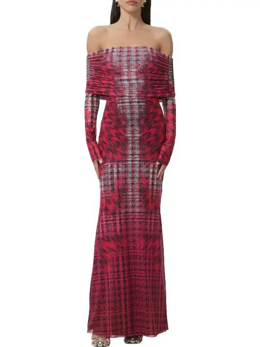 AFRM Thelma Off-the-shoulder Long Sleeve Maxi Dress - Ruby Houndstooth