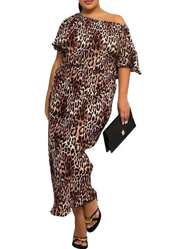 FASHION-SZN CURVE Bold Leopard Plisse Midi Dress - Brown