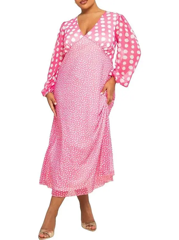 FASHION-SZN CURVE Long Sleeved Polka Dot Midi Dress - Pink