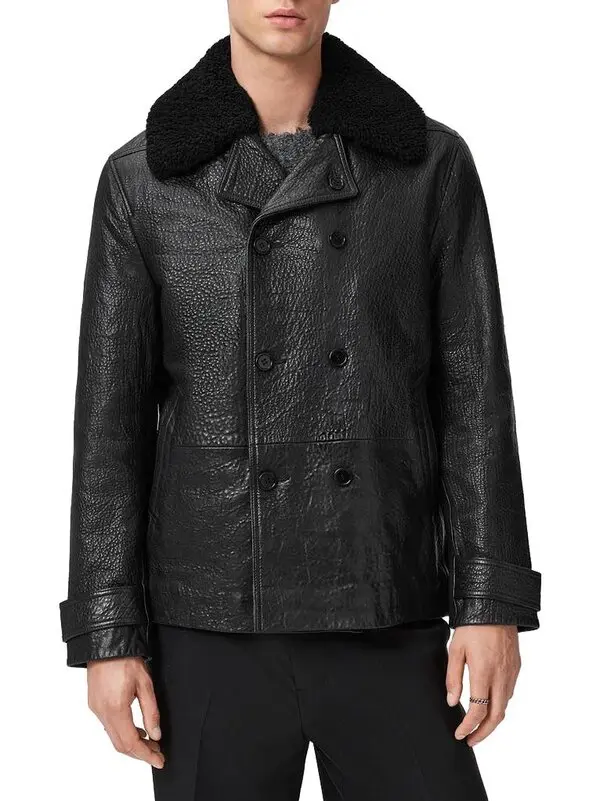 ALLSAINTS Hamlet Genuine Shearling Trim Leather Coat - Black