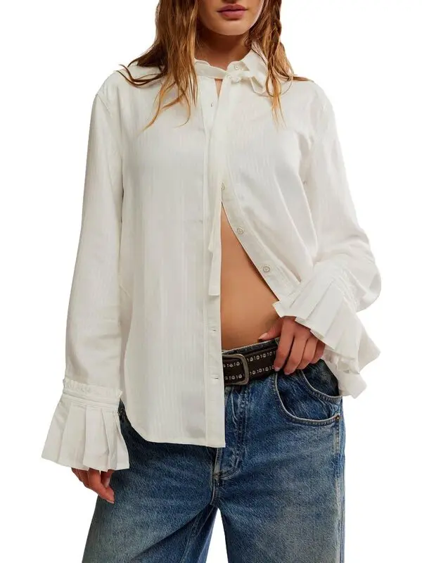 Free People Mary Lou Pleated Cuff Button-up Shirt - Clean Ivory