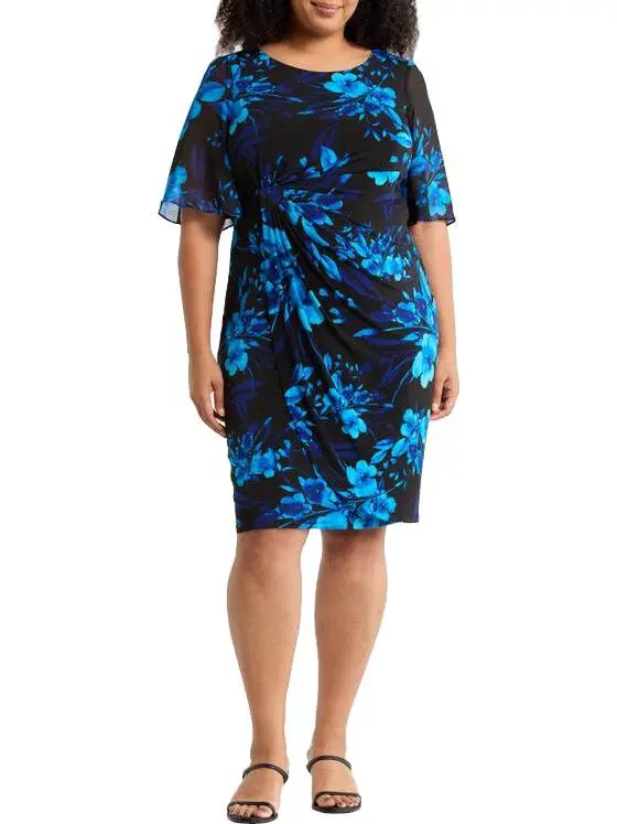 CONNECTED APPAREL Floral Side Ruched Faux Wrap Dress - Saphire