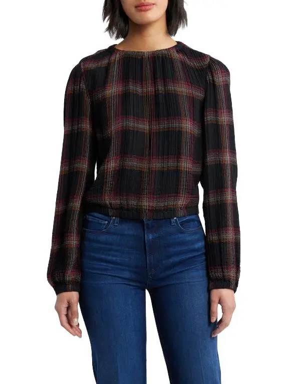 CLOTH & STONE Elastic Shirred Top - Autumn Sunset Plaid