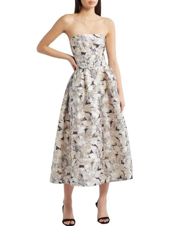 FREEMARKET Strapless Floral Jacquard A-line Dress - Ivory Multi