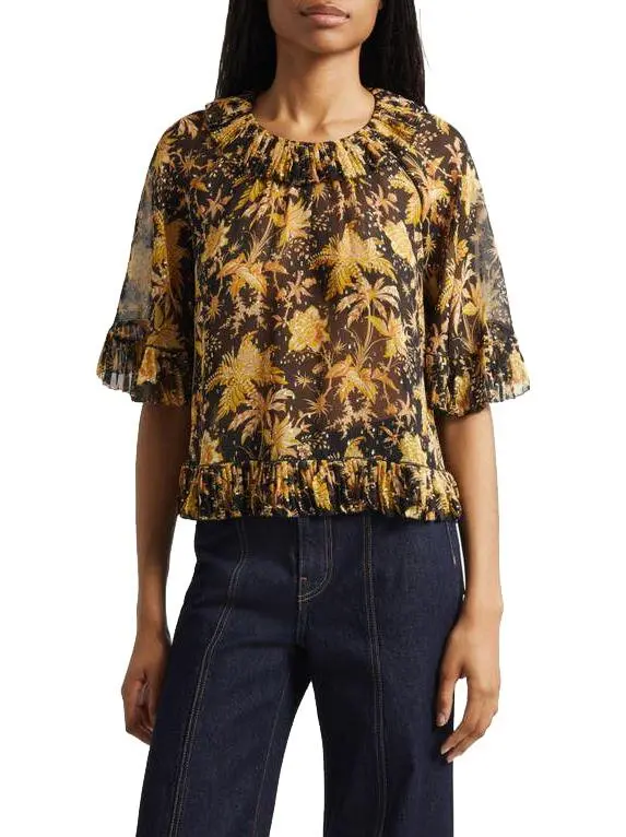 Ulla Johnson Helaine Botanical Print Metallic Flutter Sleeve Silk Blend Top - Forsythia