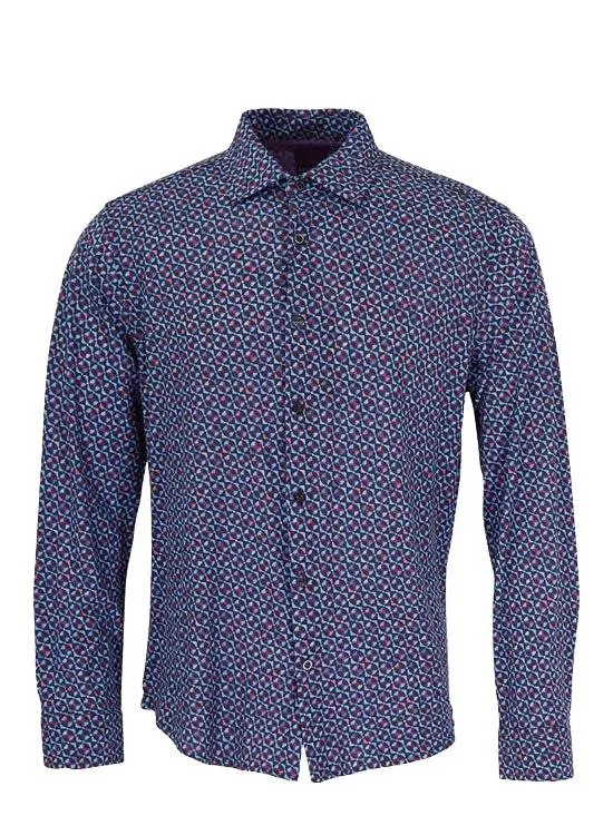 LORDS OF HARLECH Sherlock Tailored Merino Wool Shirt - City Geo Plum