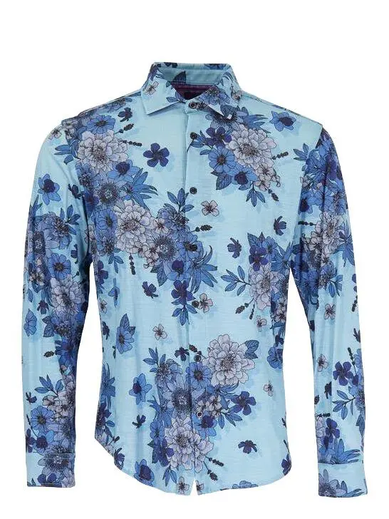 LORDS OF HARLECH Sherlock Tailored Merino Wool Shirt - Valencia Floral Teal