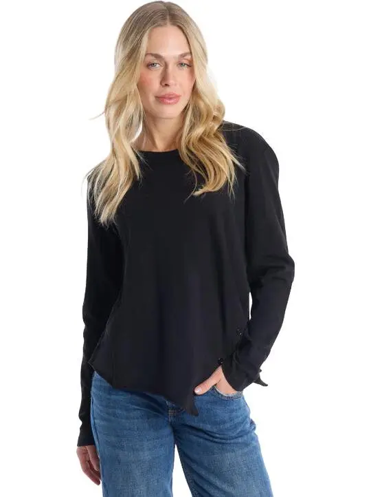 WILT CLOTHING Long Sleeve Asymmetrical Hem Tee With Button Detail - Black