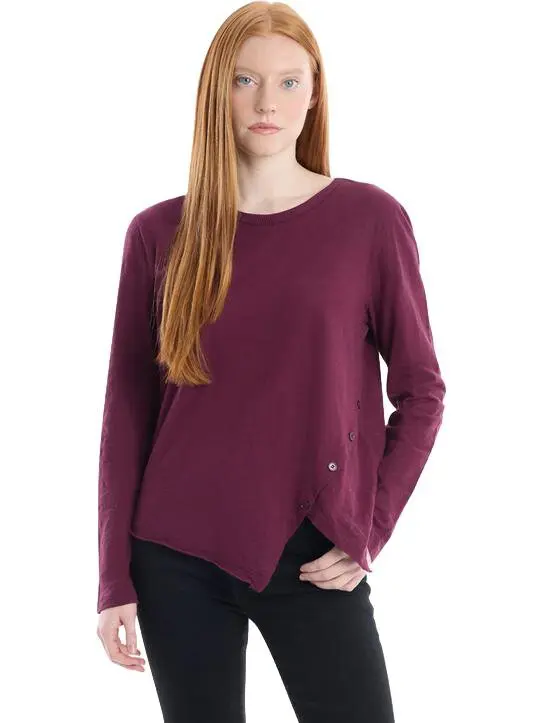 WILT CLOTHING Long Sleeve Asymmetrical Hem Tee With Button Detail - Dark Fig