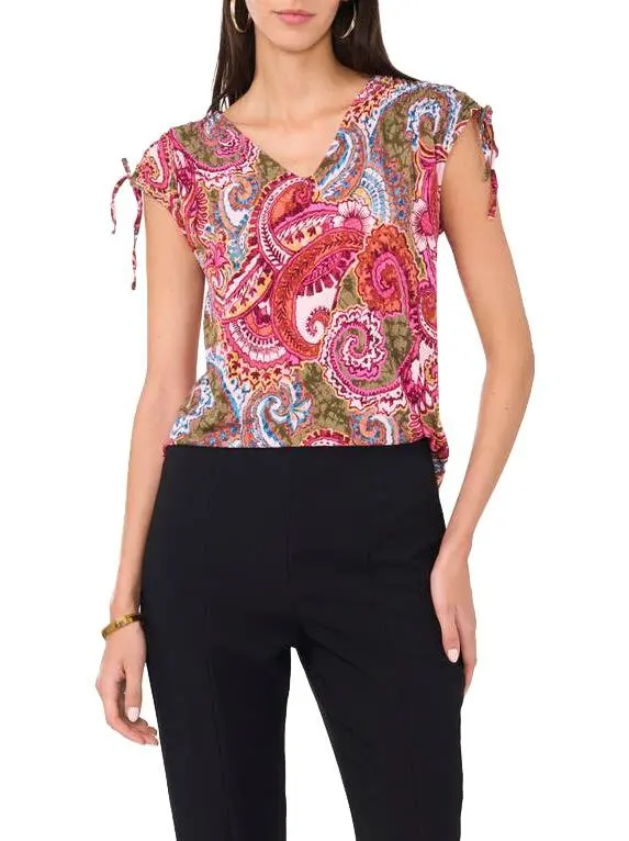 Chaus Paisley Knit Top With Drawstring Sleeves - Olive/fuschia/rust