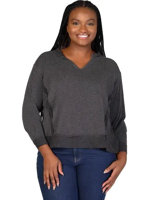 24SEVEN COMFORT APPAREL Relaxed Fit Ribbed Knit V-neck Sweatshirt Top - Black