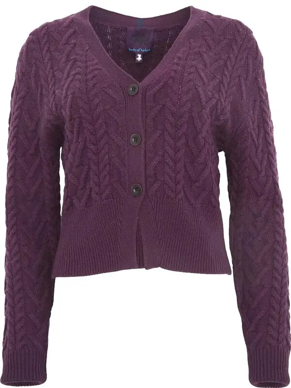 LORDS OF HARLECH Samantha Cashmere Blend Cable Knit Cardigan Sweater - Plum