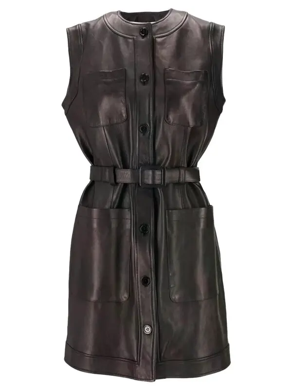 LA ROSE Buttoned Belted Leather Dress - Black
