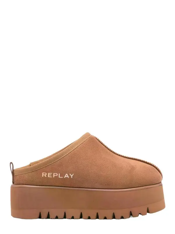 REPLAY Topstitch Calf Suede Mules - Brown