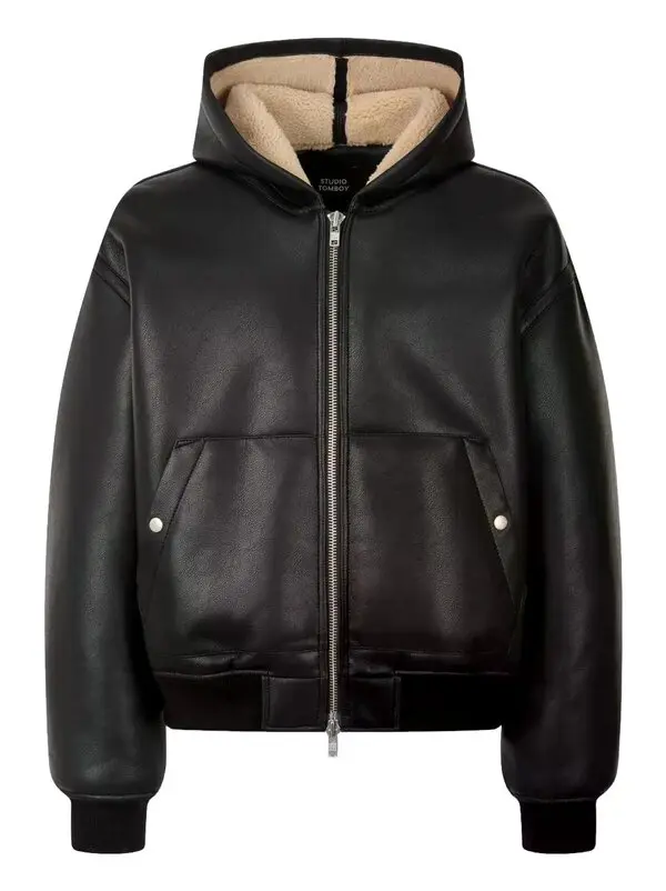 STUDIO TOMBOY Hooded Faux Leather Jacket - Black