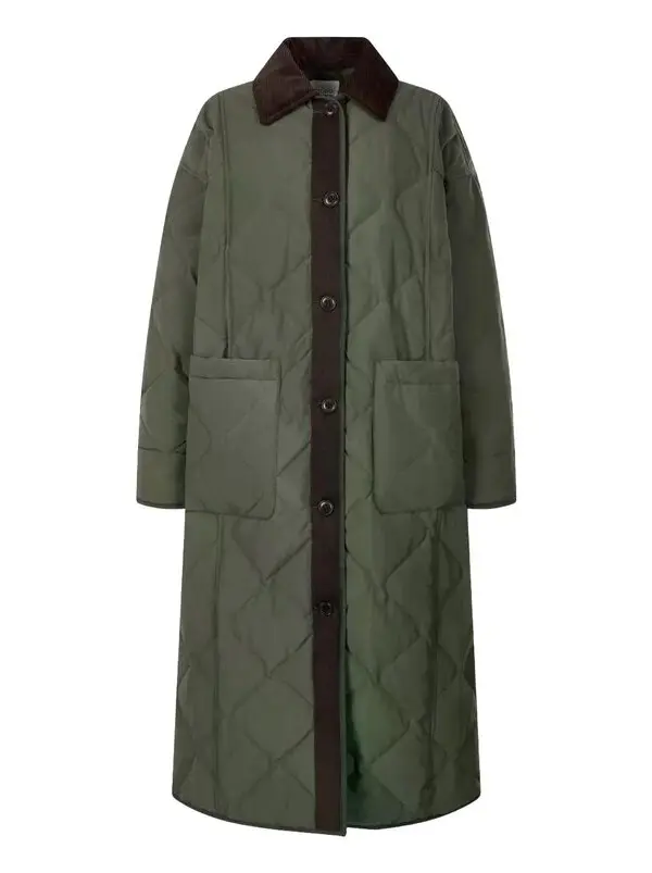 STUDIO TOMBOY Corduroy-collar Quilted Long Coat - Green