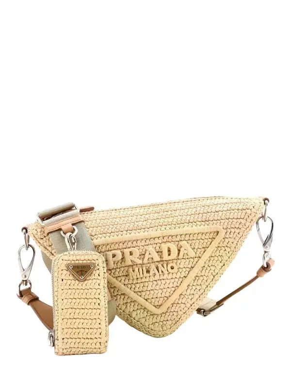 Prada Triangle Logo Zip Crochet Raffia Small Crossbody Bag - Neutrals