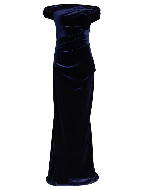 Talbot Runhof Off-the-shoulder Velvet Gown - Navy