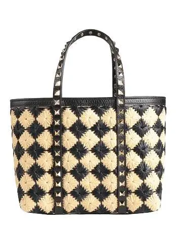 Valentino Garavani Two-tone Raffia And Pebbled Leather Tote - Black