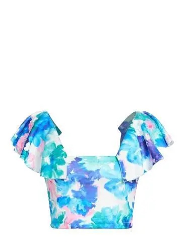 GAËLLE PARIS Floral-print French Terry Crop Top - Blue