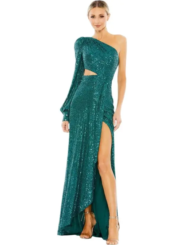 Mac Duggal Sequin One-shoulder Gown With Cut-out Detail - Green