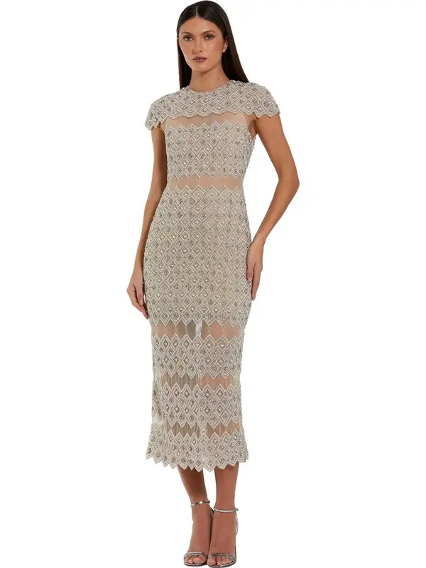 Mac Duggal Embellished Mesh Fitted Midi Dress With Sheer Panels - Ivory Nude