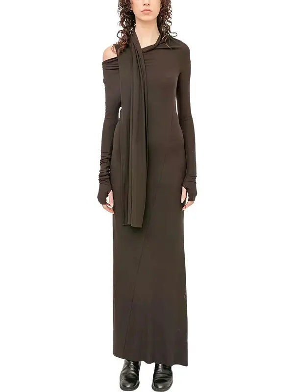 Andrea Ya'aqov Scarf-detail Long-sleeve Maxi Dress - Brown