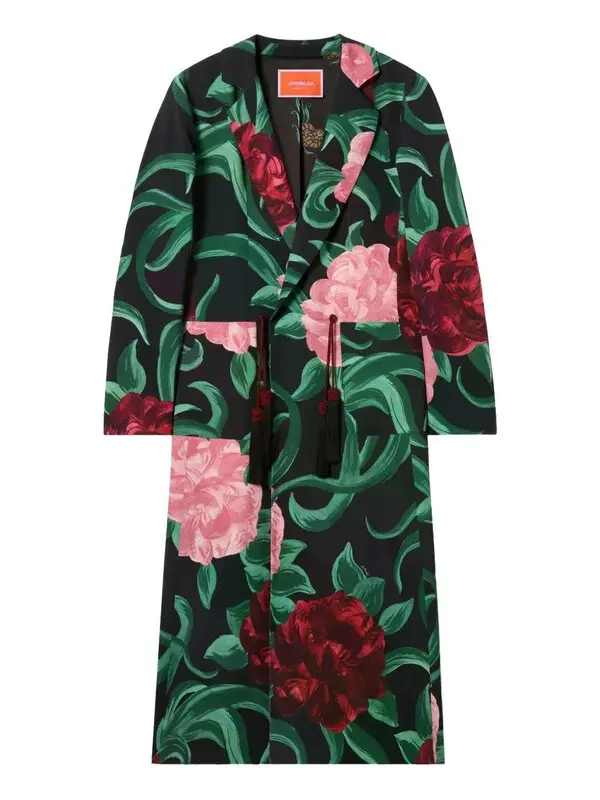 La DoubleJ Floral Print Duster Coat With Tassel Detail - Black