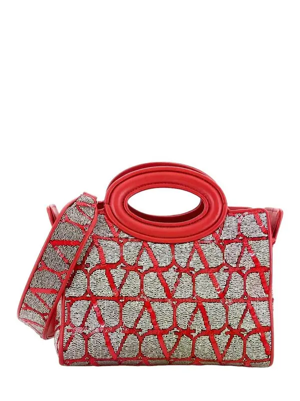 Valentino Garavani Le Troisieme Beaded Iconograph Fabric And Leather Mini Tote Bag - Red