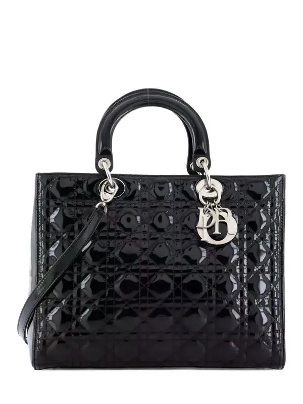 Dior Lady Bag Cannage Quilt Patent Large Satchel - Black
