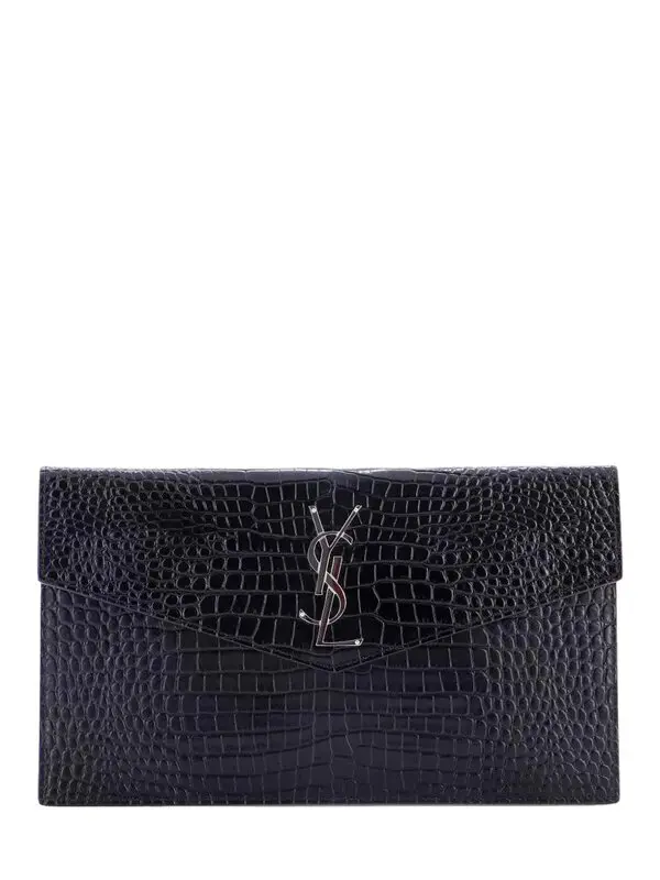 Saint Laurent Uptown Pouch Crocodile Embossed Leather Clutch Bag - Black