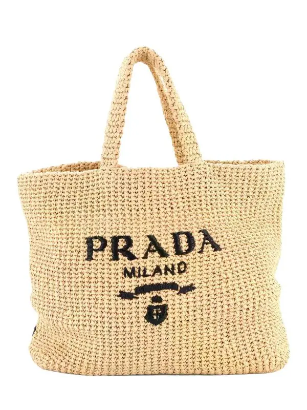 Prada Logo Raffia Large Tote Bag - Black